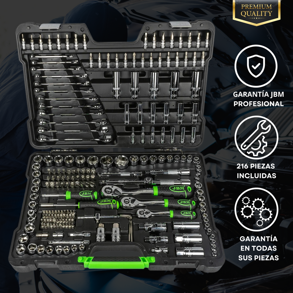 ESTUCHE HERRAMIENTAS JBM [216 PIEZAS] CON VASOS HEXAGONALES – REMATE BODEGA